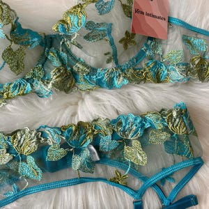 Teal & Green Lace Floral Lingerie Set With, Garter Belt, Thong Panty ...