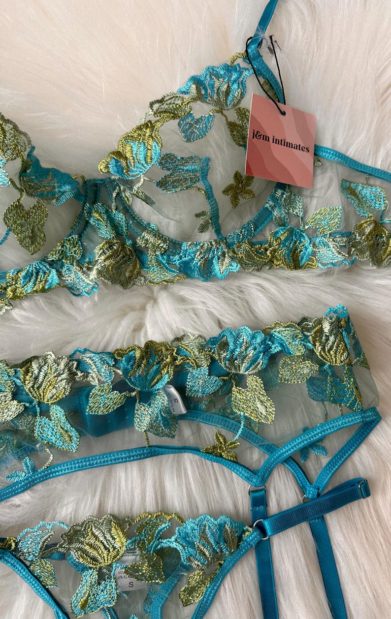 Teal & Green Lace Floral Lingerie Set With, Garter Belt, Thong Panty ...