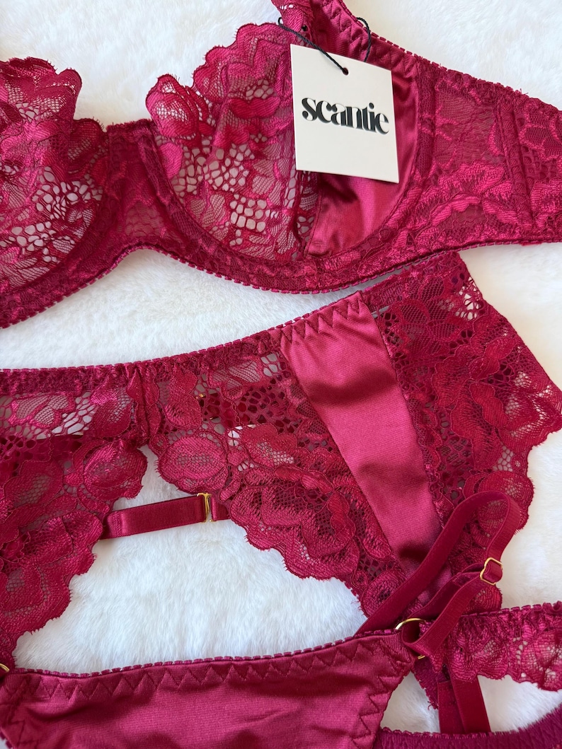 Rich Burgundy Stretch Satin and Lace Lingerie Set With, Garter Belt ...