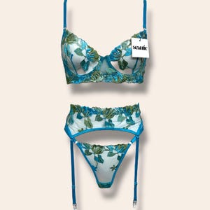 Teal & Green Lace Floral Lingerie Set With, Garter Belt, Thong Panty ...