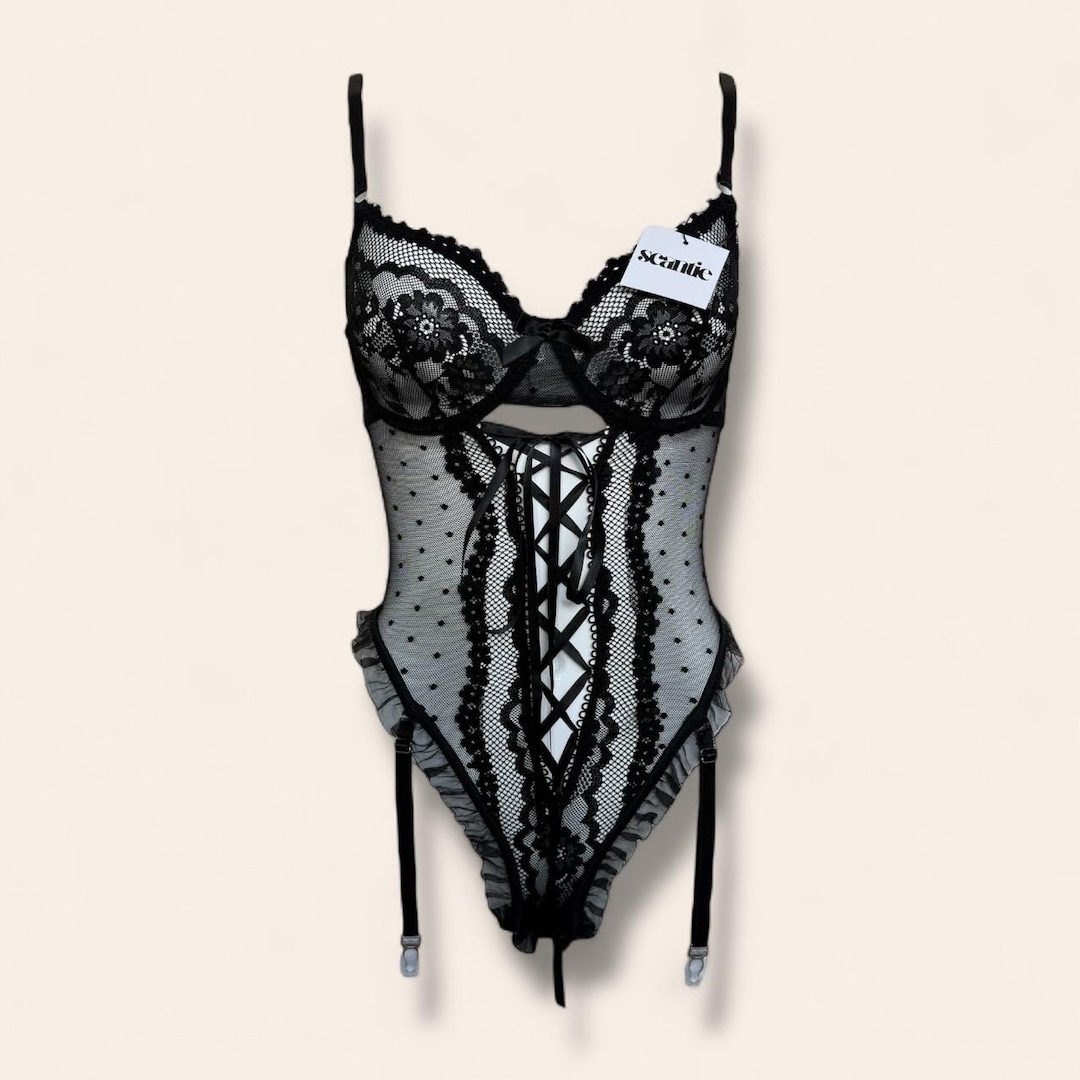 Floral Black Embroidery Lace up Teddy Bodysuit, Garter Straps, Gift for ...