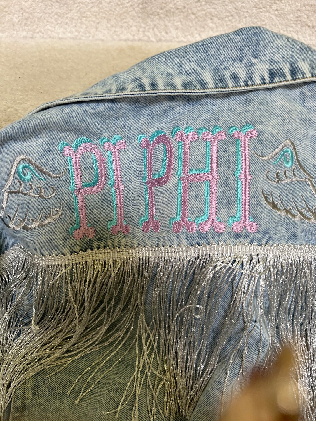 Denim Jacket With Fringe Embroidered With Pi Phi and Wings on the Top Back of the Jacket. Jacket ...