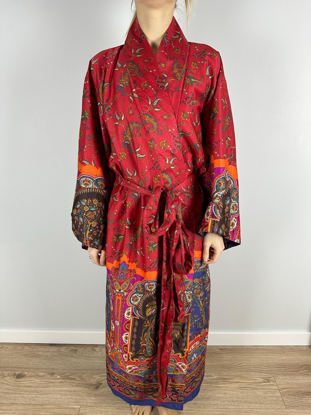 BASSETTI Italy Red Granfoulard Floral Paisley Polished Cotton Belted ...