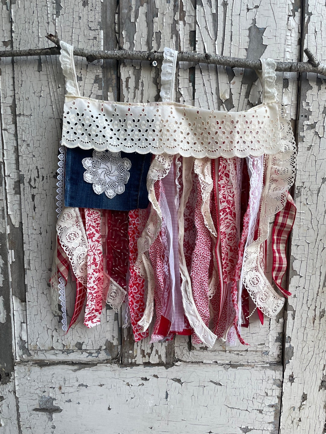 Americana Scrappy Rag Flag Shabby Chic Lace Flag, 4th of July Patriotic ...