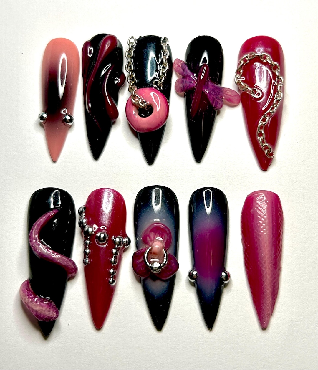 Hand Painted Pink Snake Press on Nails: Luxury Reusable Nail Set - Etsy