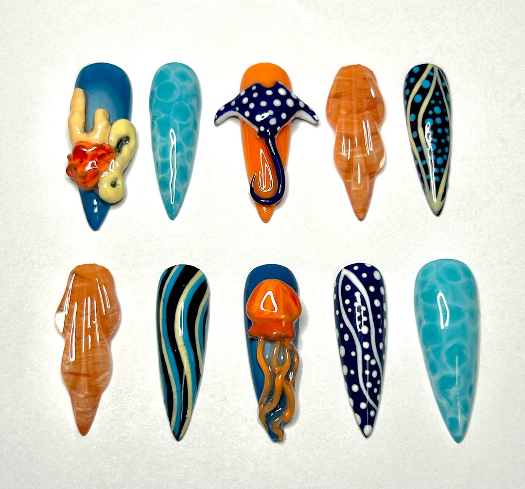 Coral Reef Press on Nails: Ocean Aura, Handmade Reusable Luxury Nails ...
