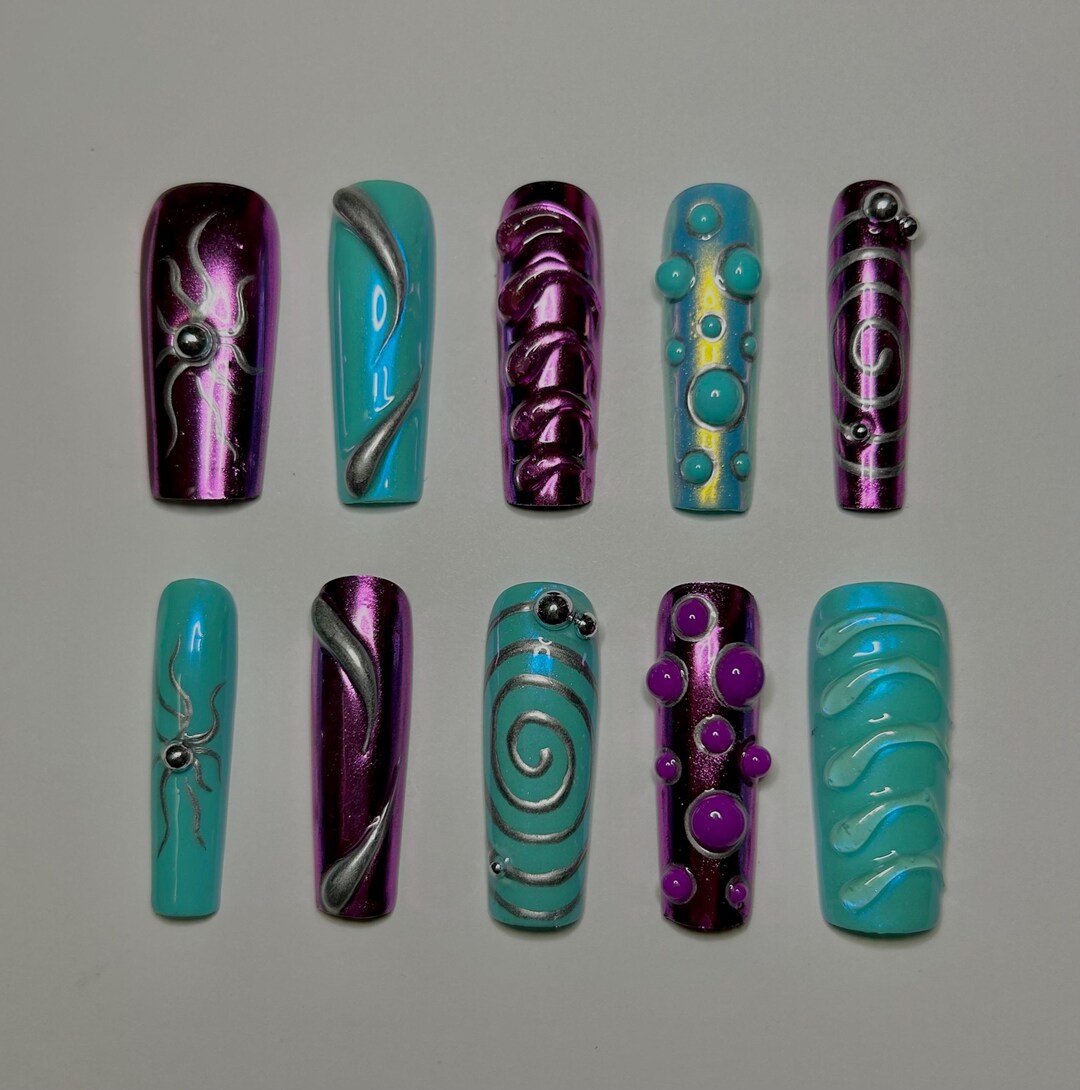 Purple and Blue Ripple Effect Chrome Nails! Handmade Reusable Press on ...