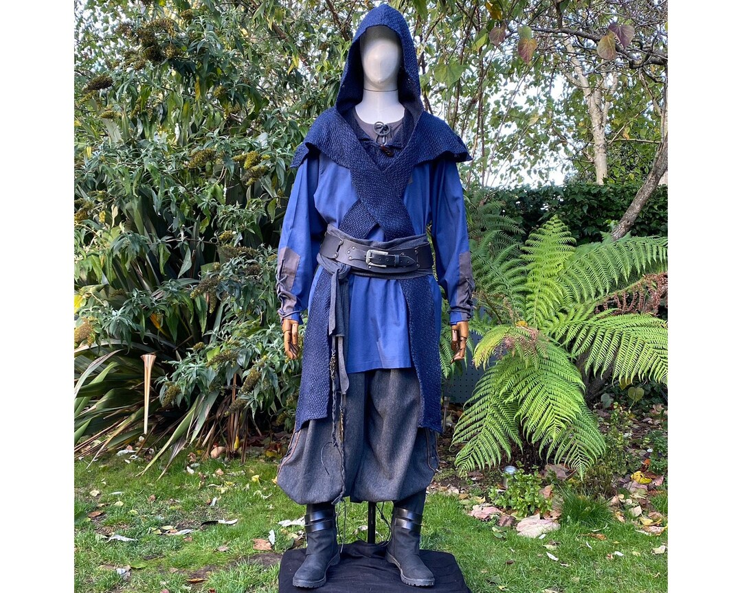 LARP Basic Outfit 4 Pieces: Blue & Grey Shirt, Viking Pants, Hood and ...