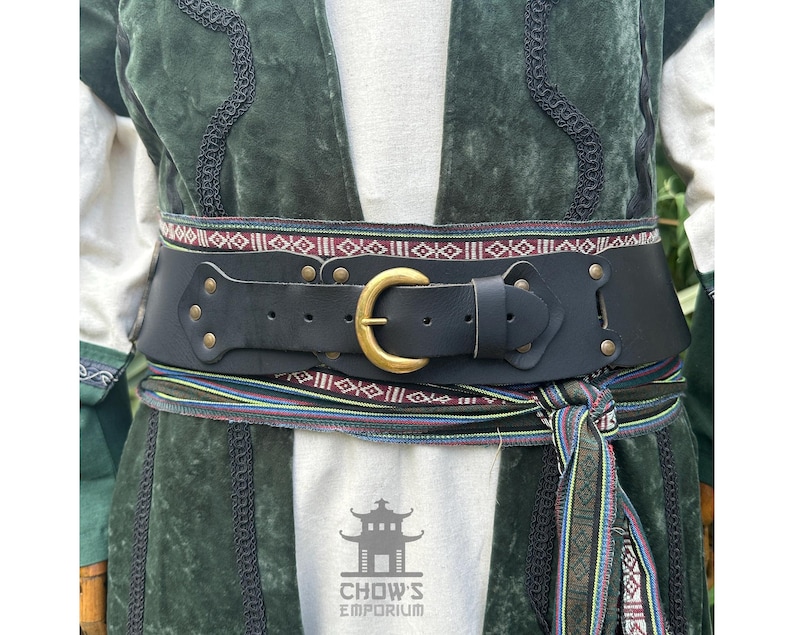 Medieval LARP Buffalo Leather Belt and Sash Set - Green Stripe Pattern ...
