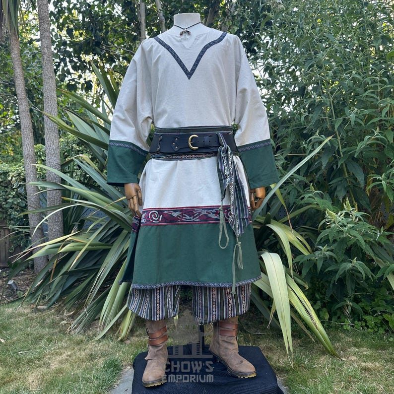 Medieval LARP Buffalo Leather Belt and Sash Set - Green Stripe Pattern ...