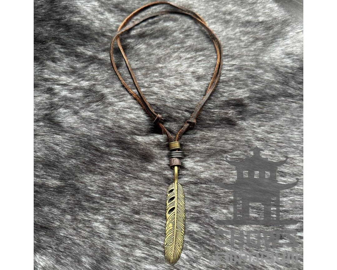 Medieval LARP Feather Necklace - Brass With Brown Leather Cord, Viking ...
