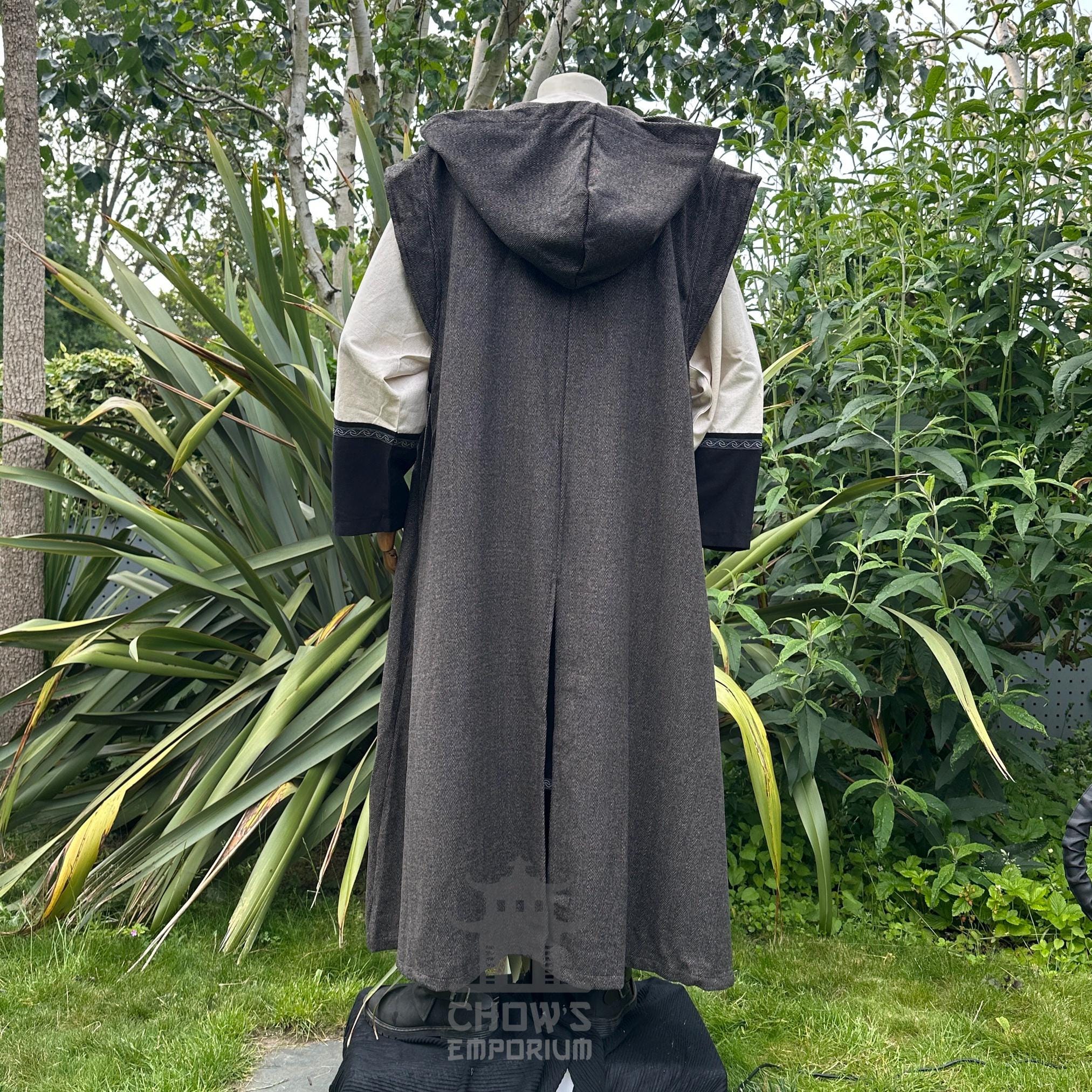 LARP Robe With Hood, Brown Herringbone Wool, Renaissance Faire Hooded ...