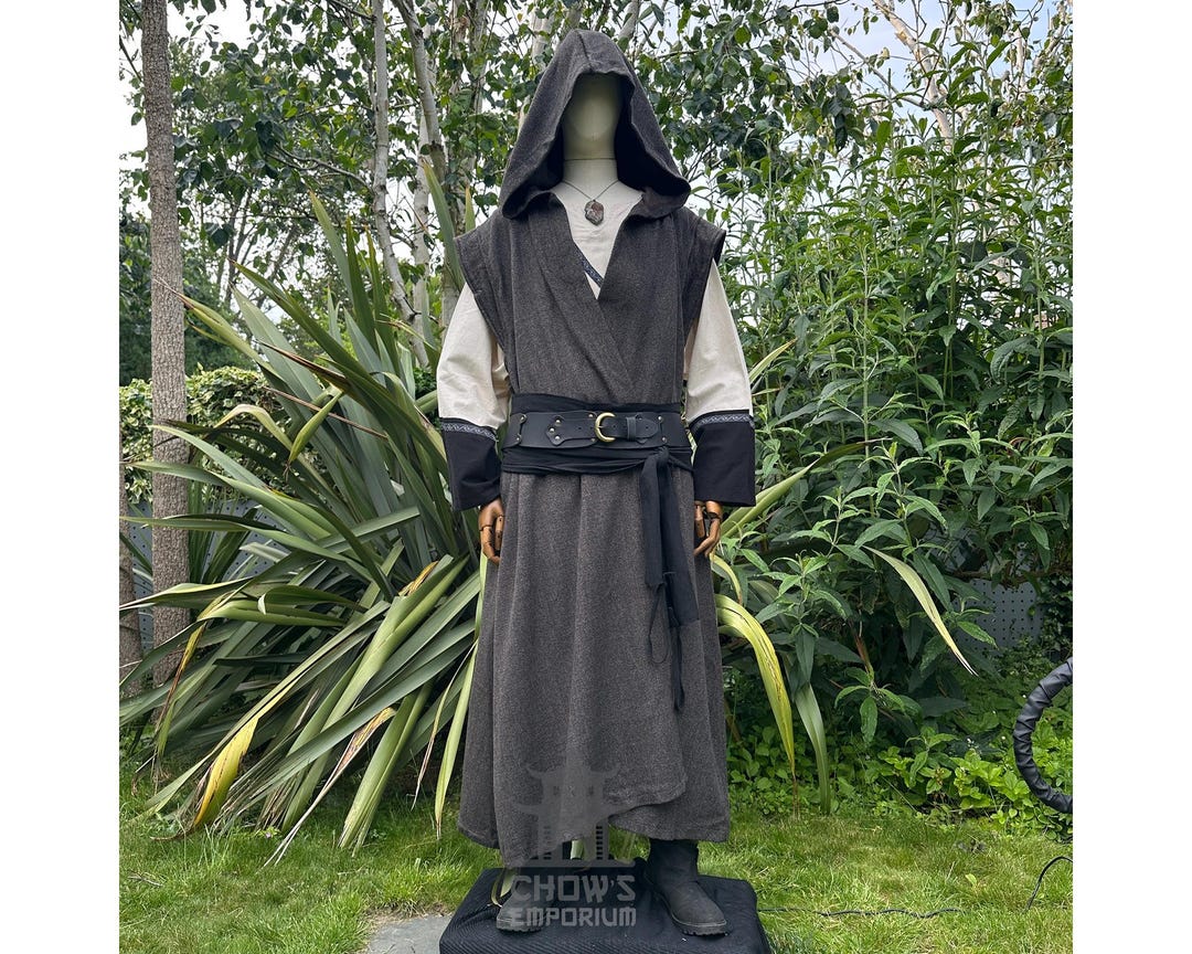 Medieval Hooded Sleeveless LARP Robe, Brown Herringbone Wool, Sorcerer ...