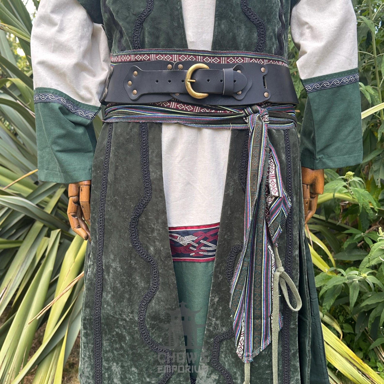 Medieval LARP Buffalo Leather Belt and Sash Set - Green Stripe Pattern ...