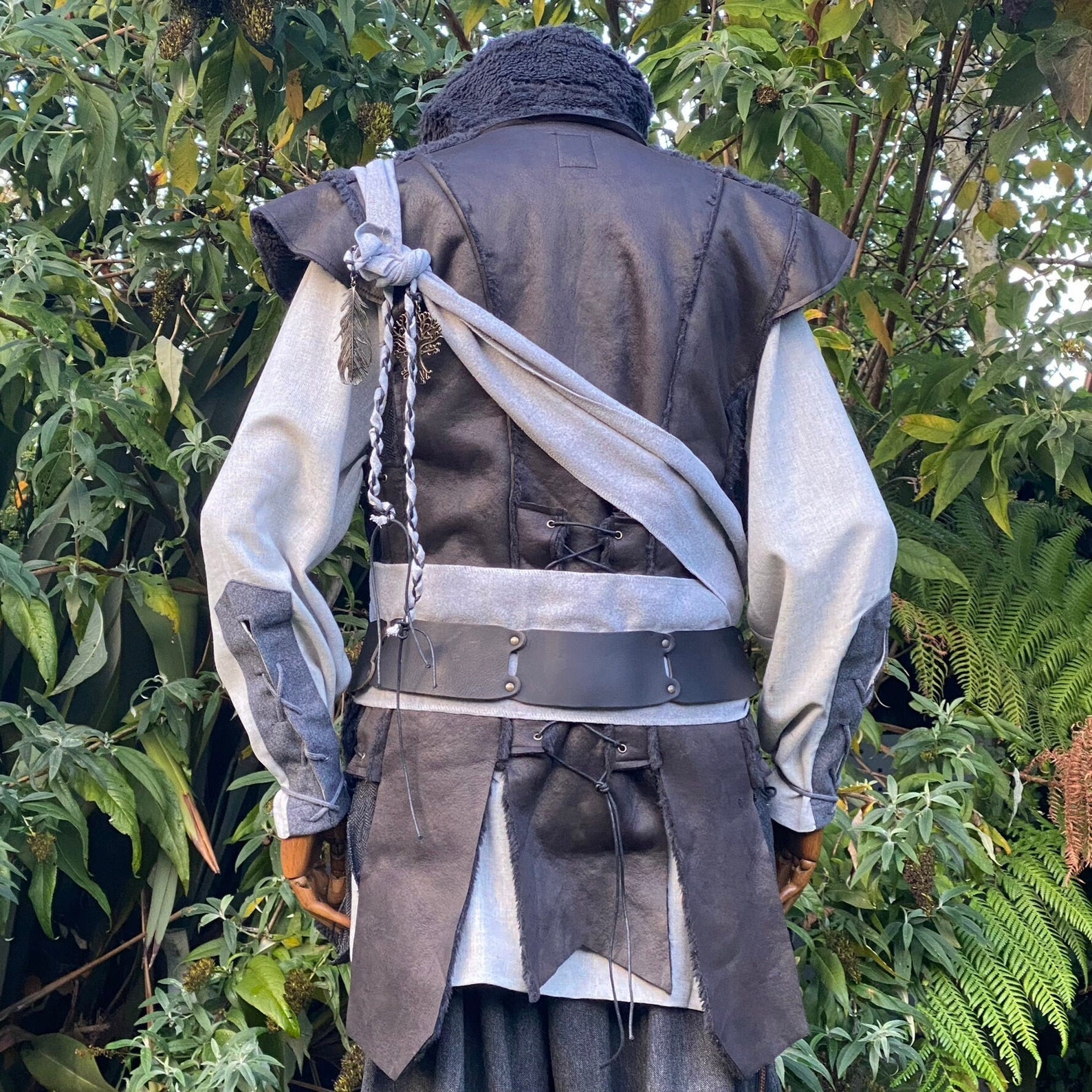 Medieval LARP Buffalo Leather Belt and Sash Set, Black & Grey Wool ...