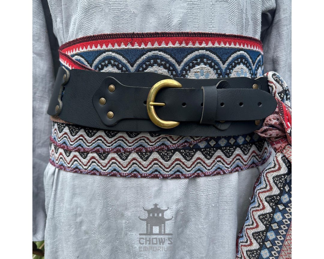 Medieval Buffalo Leather Belt and Sash, Red, White & Blue Pattern ...