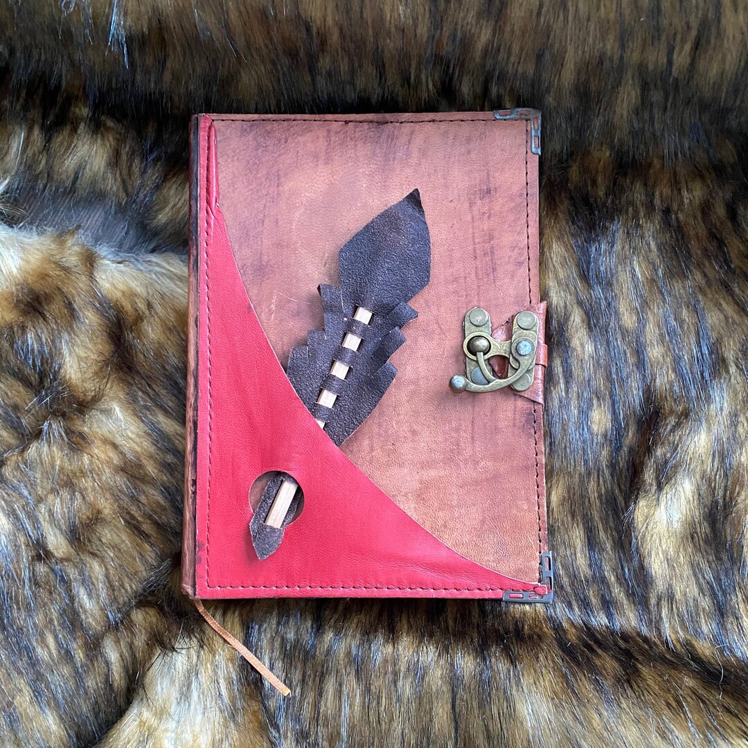 Leather Bound Journal With Metal Clasp and Leather Feather Pencil ...