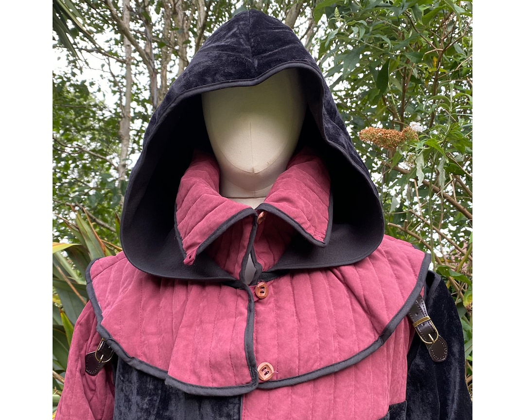 Padded Snood LARP Hood - Black & Red Faux Suede With Gambeson Mantle - Etsy