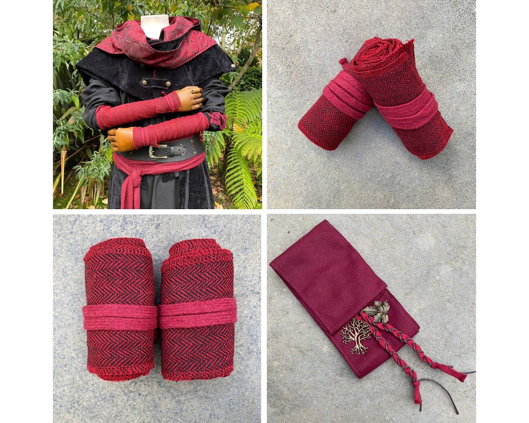 Medieval Wrap Set, 3 Pieces, Arm Wraps, Leg Wraps, Sash, Black & Red ...
