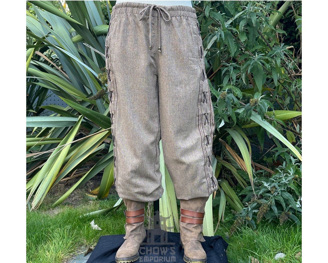 Medieval Straight Leg LARP Pants With Side Lace & Braiding, Brown Wool ...