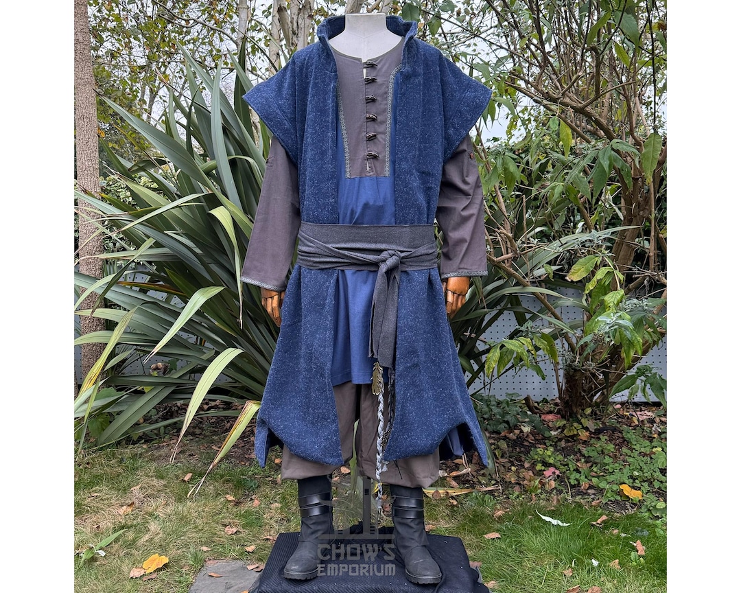 Sea Merchant LARP Outfit - 3 Pieces; Blue High Collar Waistcoat, Tunic ...
