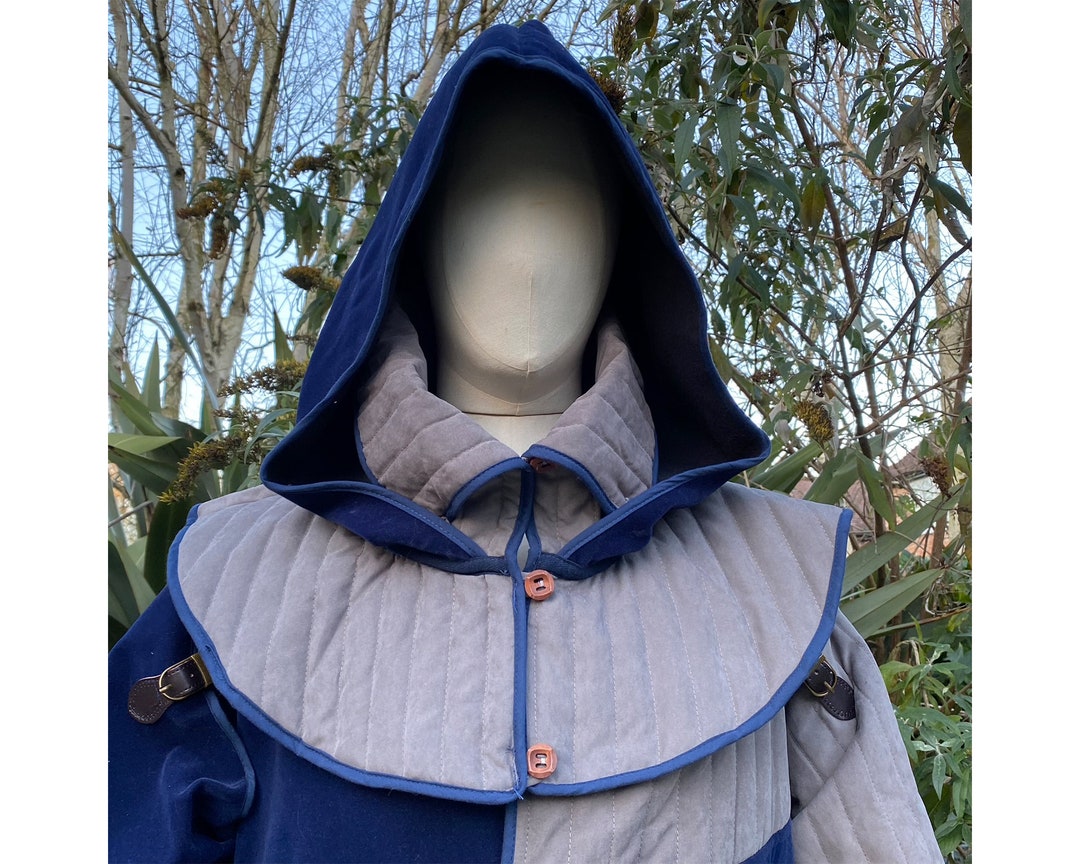 Medieval LARP Hood With Gambeson Mantle, Blue & Grey Faux Suede, Knight ...