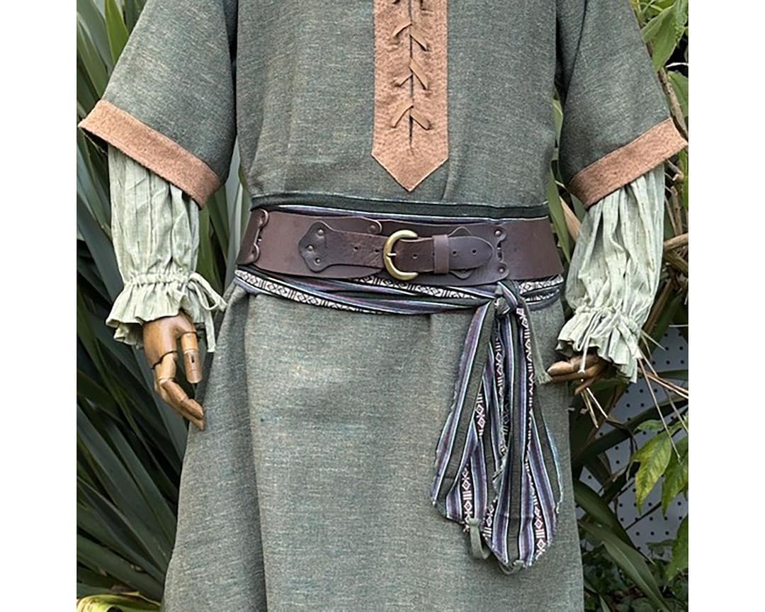Medieval LARP Buffalo Leather Belt and Sash Set, Green Stripe Pattern ...