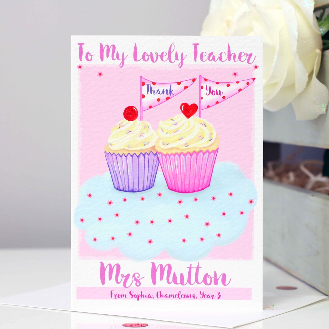 Cupcake Teacher Card, Thank You Teacher Card, Personalised Female Name ...