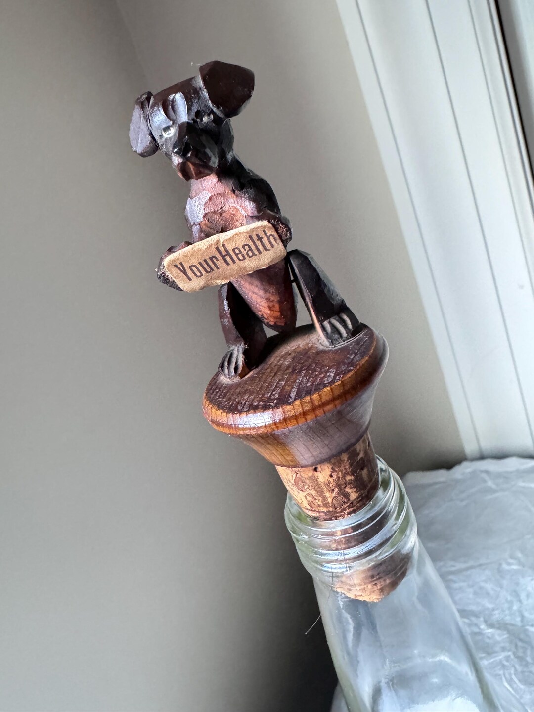ANRI Wooden Carving Bottle Cork Stopper Dog Posting With Sign Saying ...