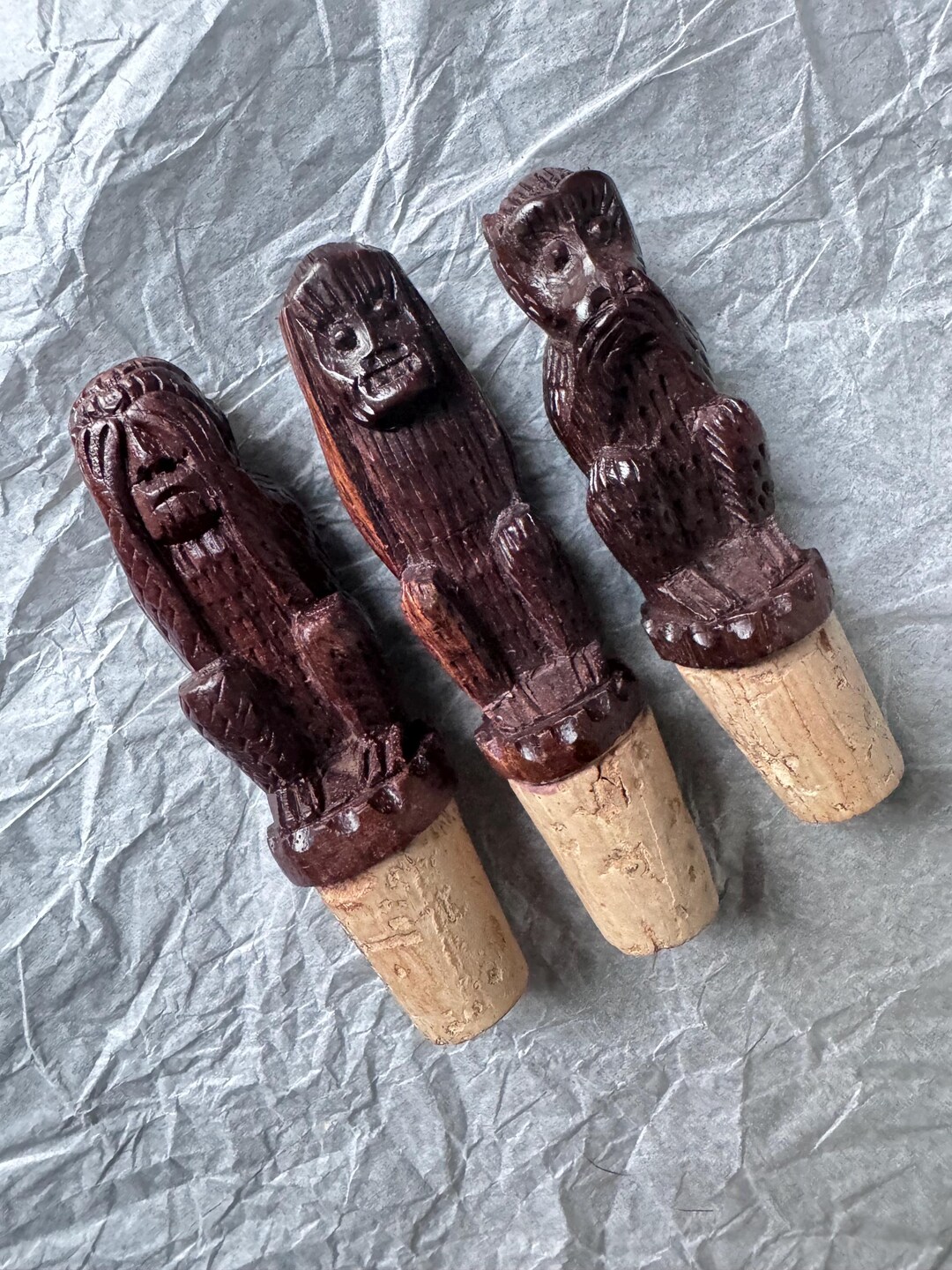 Non-anri Wooden Carving Bottle Cork Stoppers Monkeys See No Evil Hear ...