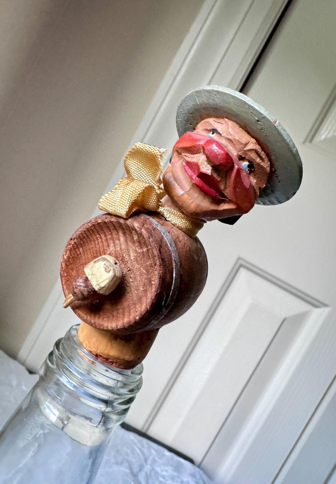 ANRI Wooden Carving Wine Cork Stopper Bobble-head Man Wearing Ribbon in ...