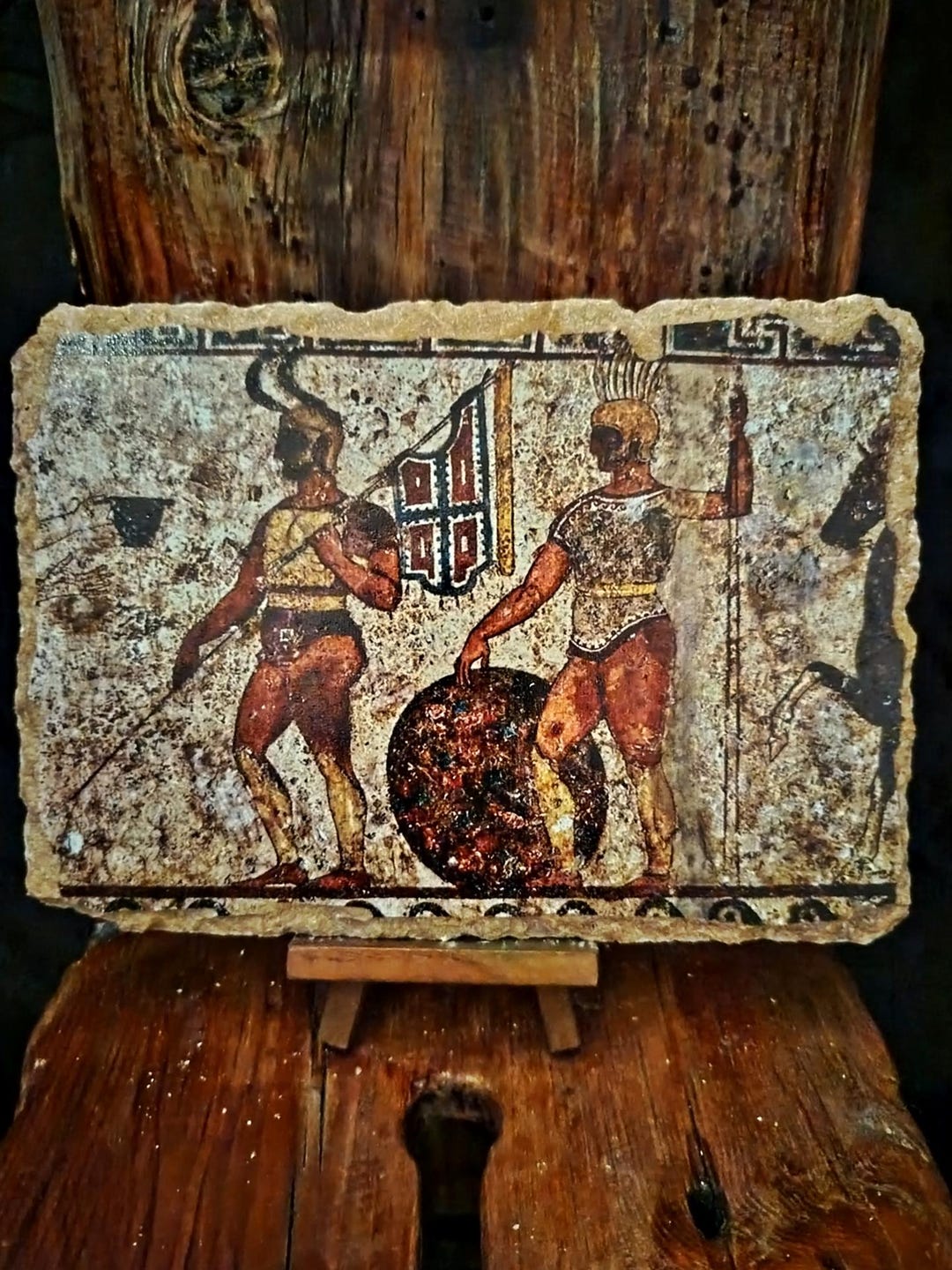 Samnite Warriors Fresco: Horned Helmet Tomb Painting on Travertine ...