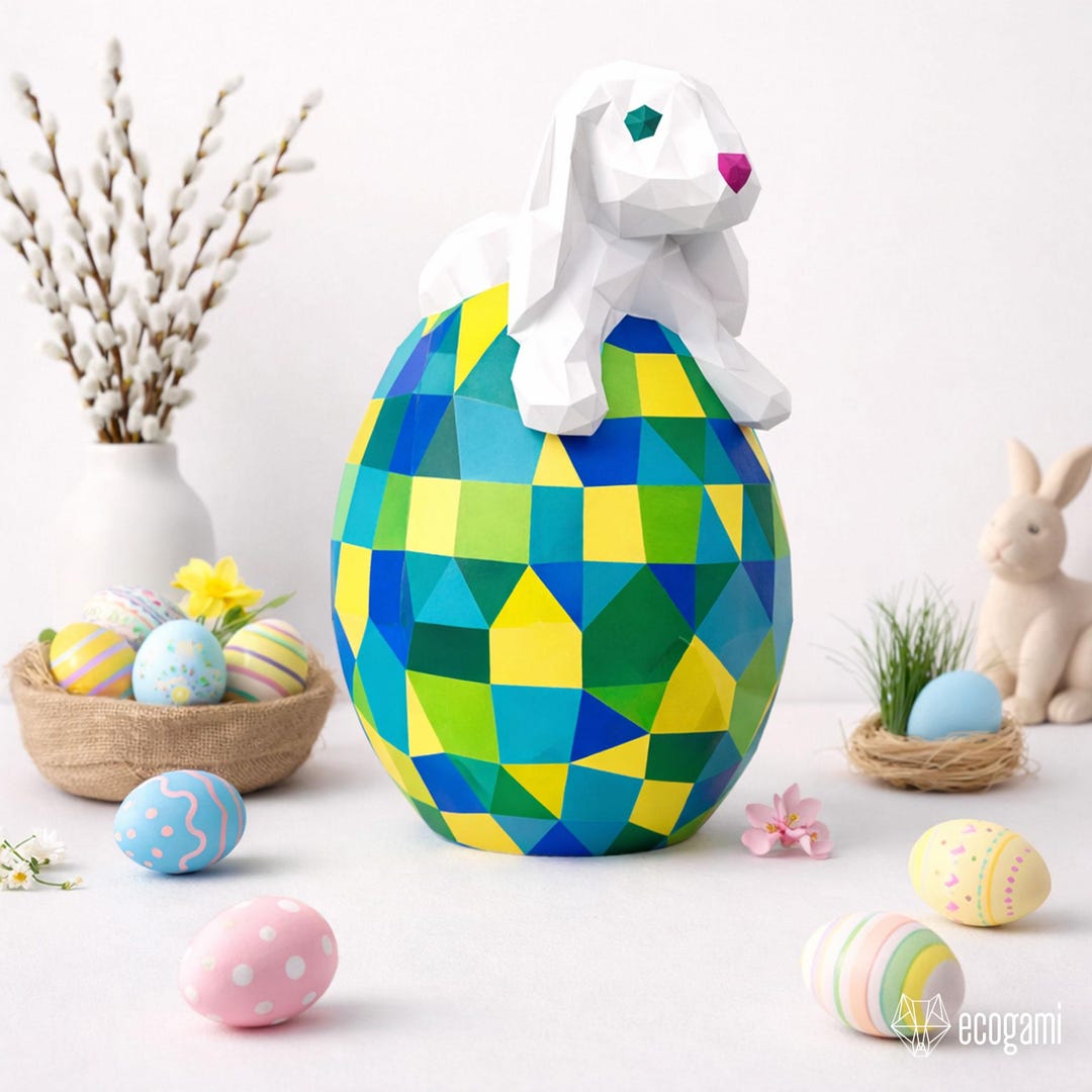 Easter Bunny Egg Papercraft PDF, DIY 3D Paper Sculpture, Low Poly ...