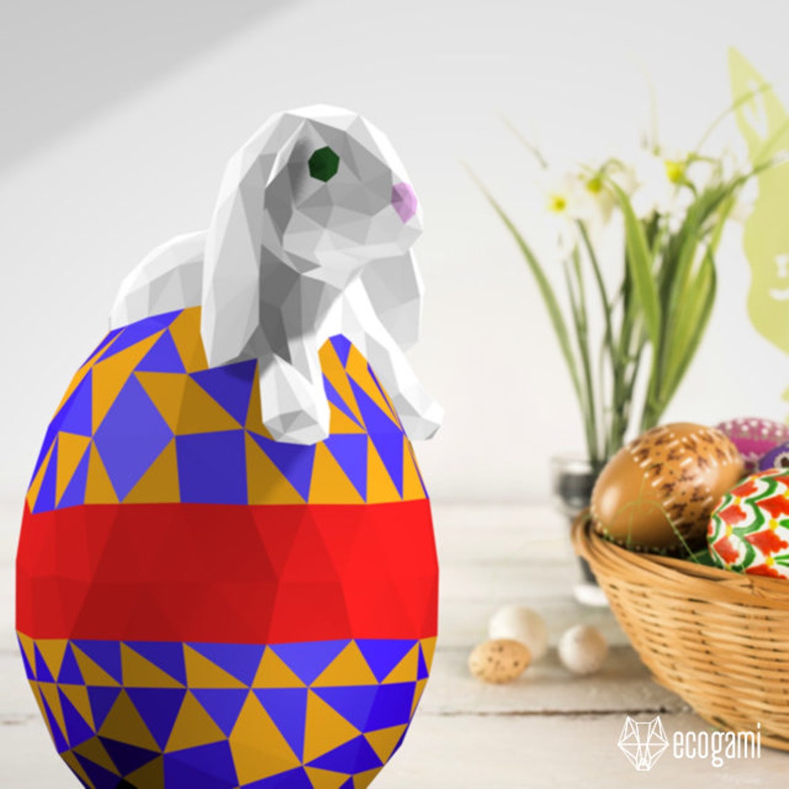 Easter Bunny Egg Papercraft PDF, DIY 3D Paper Sculpture, Low Poly ...