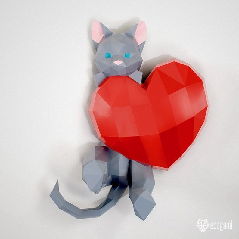 Chat papercraft PDF, sculpture murale chat papier 3D avec cœur DIY ...