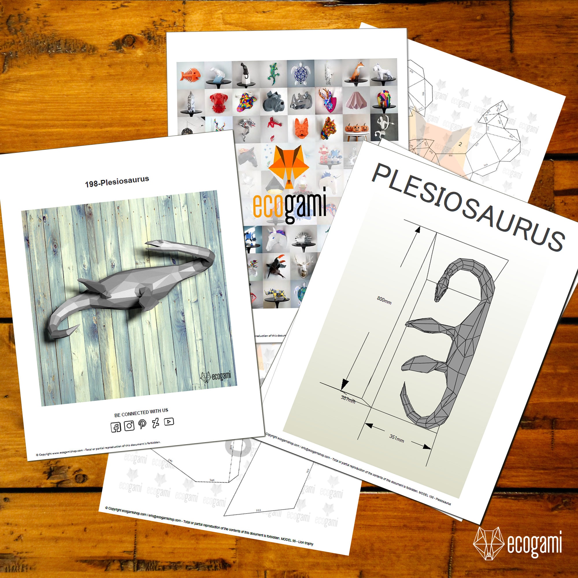 Plesiosaurus Dinosaur Papercraft PDF, DIY Animal Wall Trophy, Low Poly ...