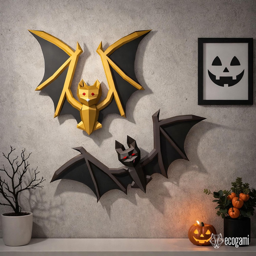 Bat Papercraft Template PDF, DIY Halloween Bat Wall Decor, 3D Paper Bat ...