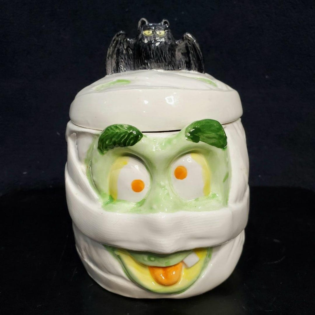 Mummy Head Zombie Bat Cookie Jar Candy Dish Halloween 6" Canister VIGOR ...
