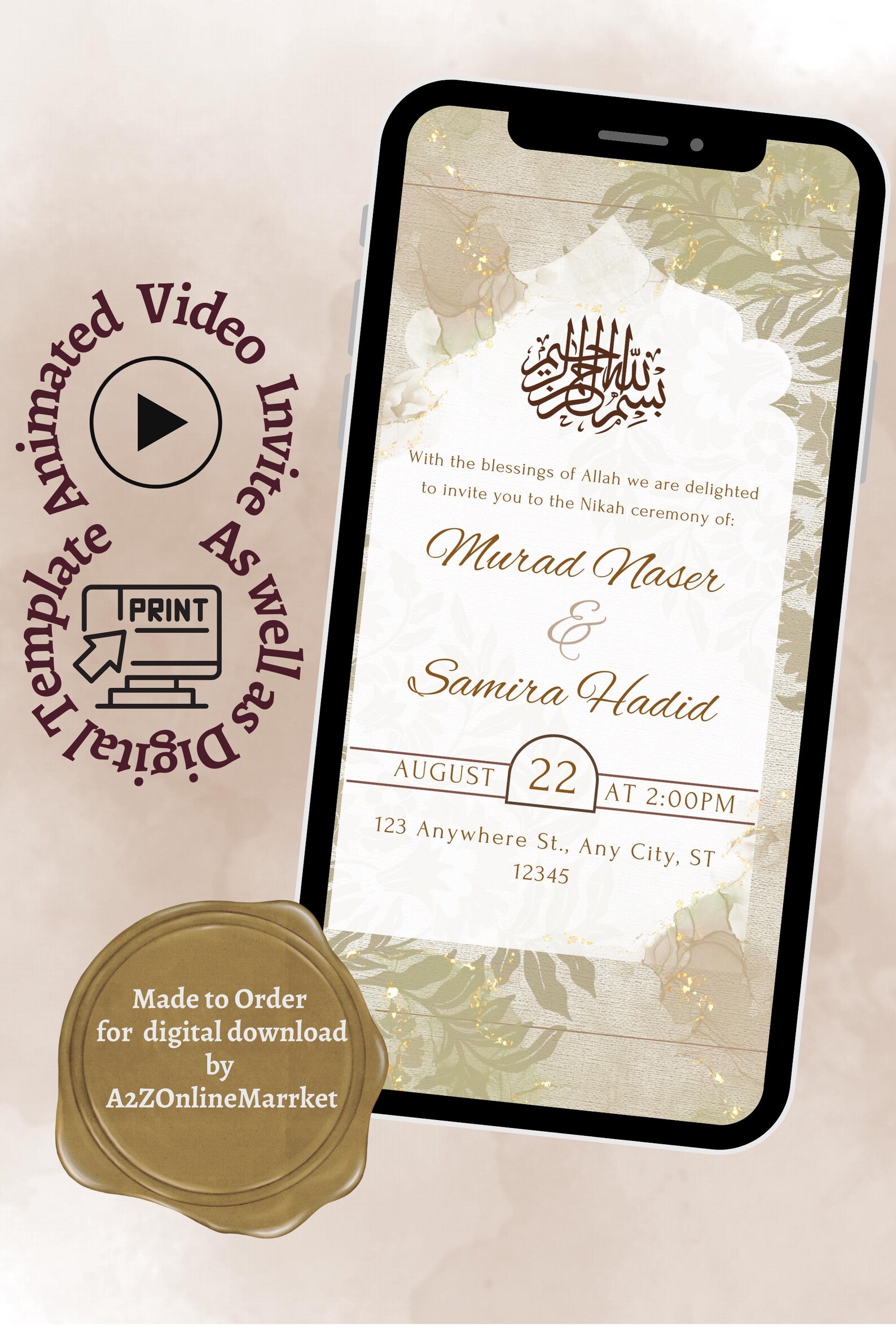 Digital Nikkah Invitation Card With Couple Illustration Video Muslim ...