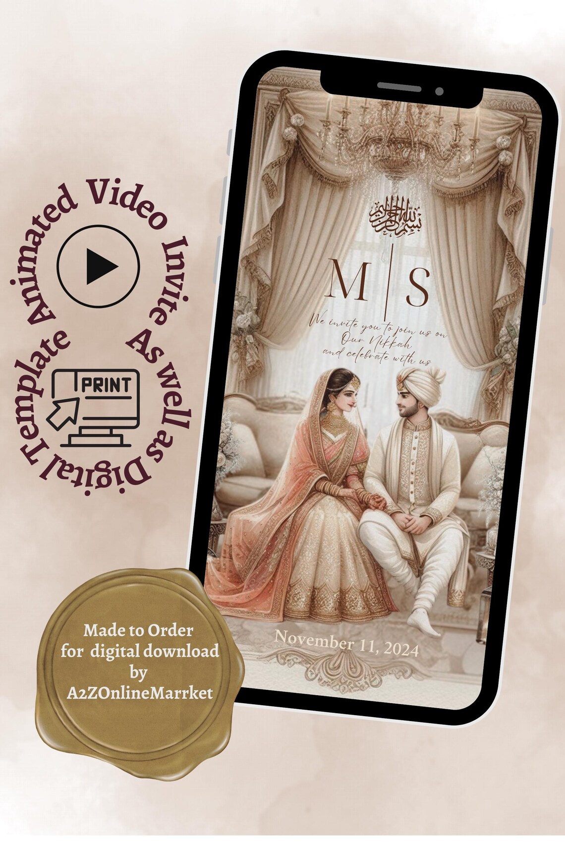 Digital Nikkah Invitation Card With Couple Illustration Video Muslim ...