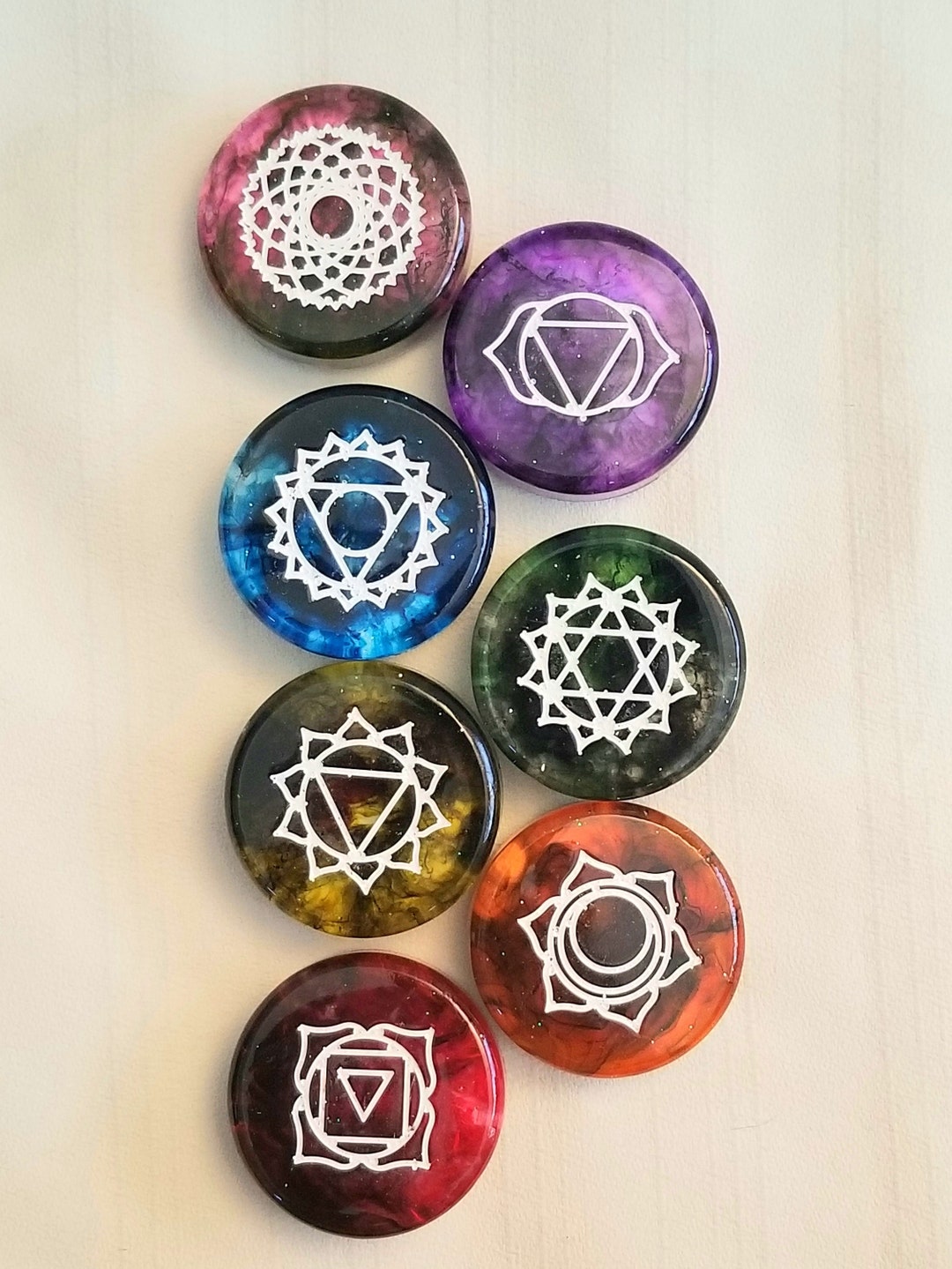 Epoxy Resin Chakra Magnet Gift Set 7pc Hand Painted White Symbols With ...