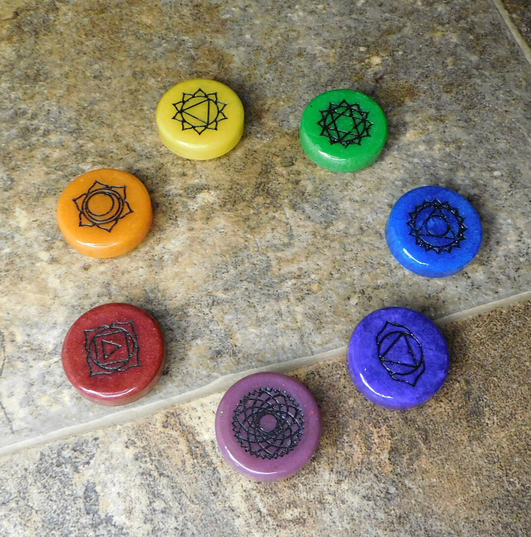 Epoxy Resin Chakra Magnet Gift Set (7pc) Hand Painted Black Symbols ...