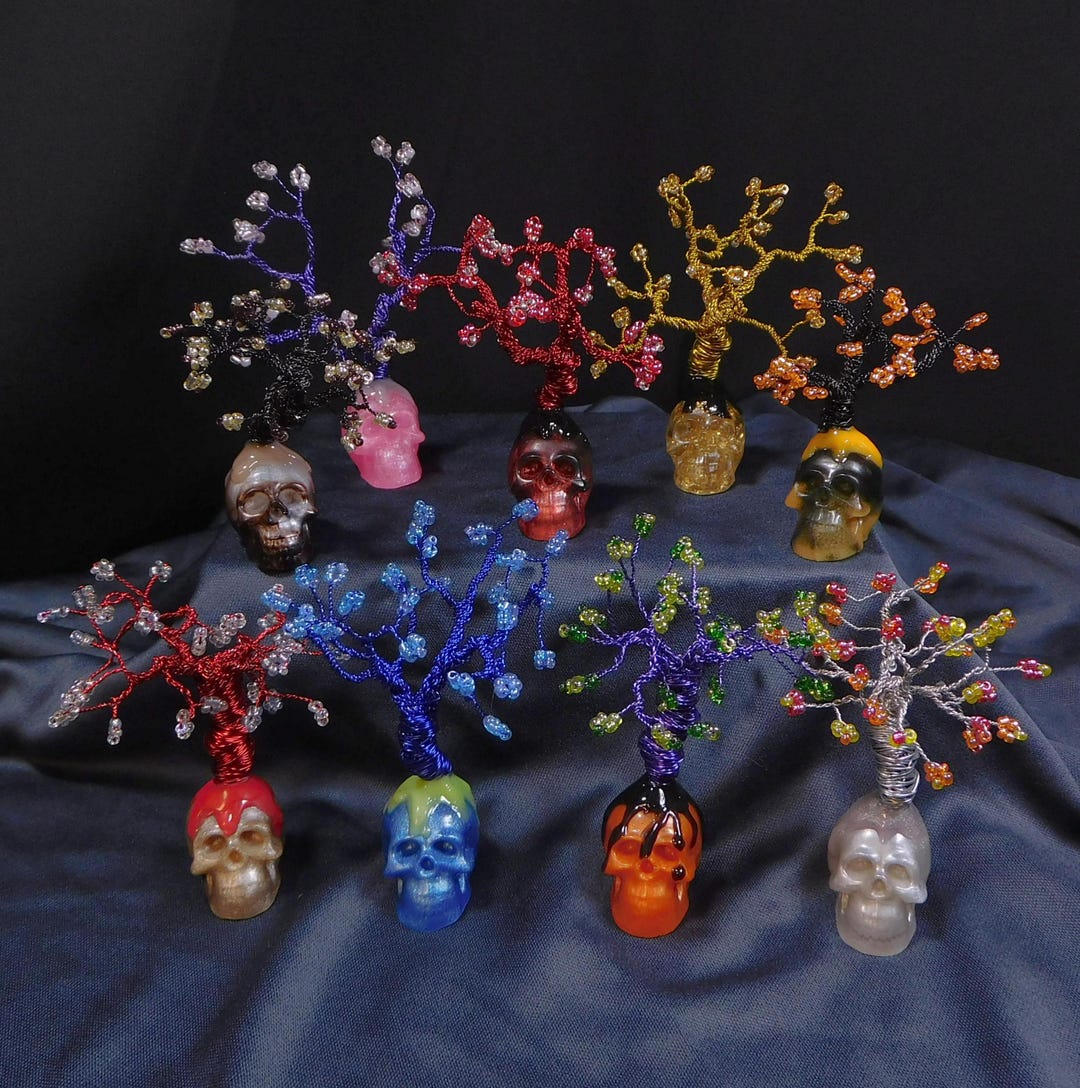 Original Handcrafted Epoxy Resin Skull Wire Bead Tree Figurine Knick ...