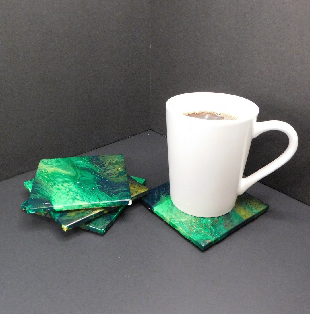 Ceramic Tile Coaster Gift Set (4pc) Original Hand Painted Acrylic Fluid ...