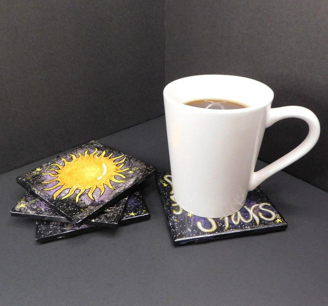Ceramic Tile Coaster Gift Set (4pc) Original Hand Painted "aim for the ...