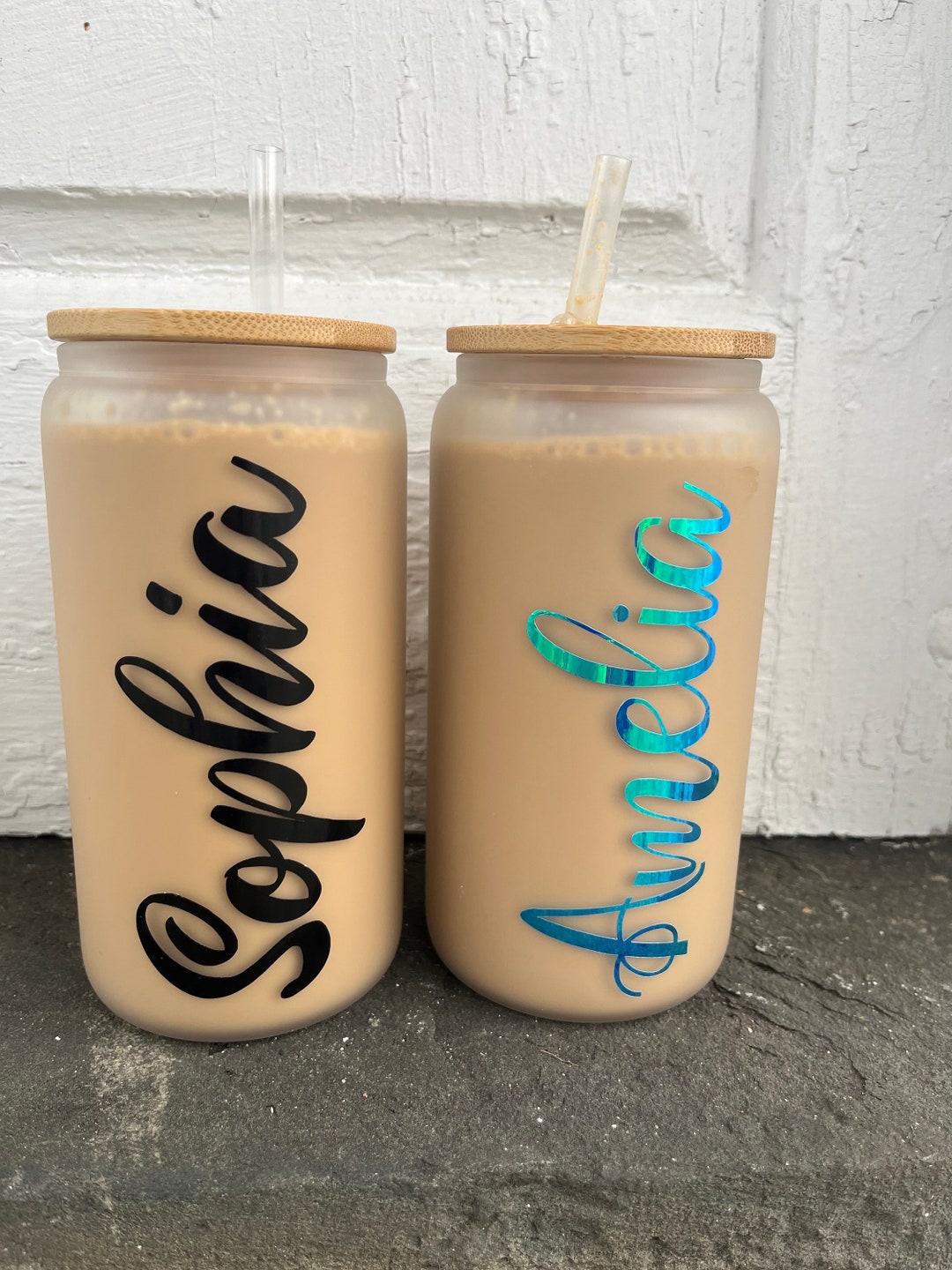 Personalized Iced Coffee Cup, Custom Glass With Lid and Straw, Glass ...