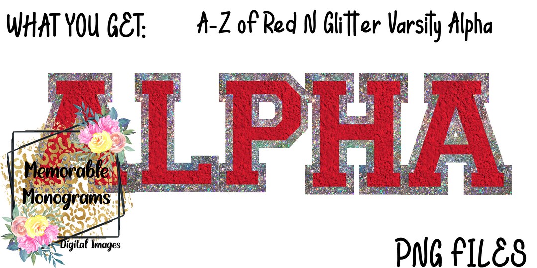 Red N Glitter, Varsity, Alpha, Doodle Letters, Uppercase, Sublimation ...