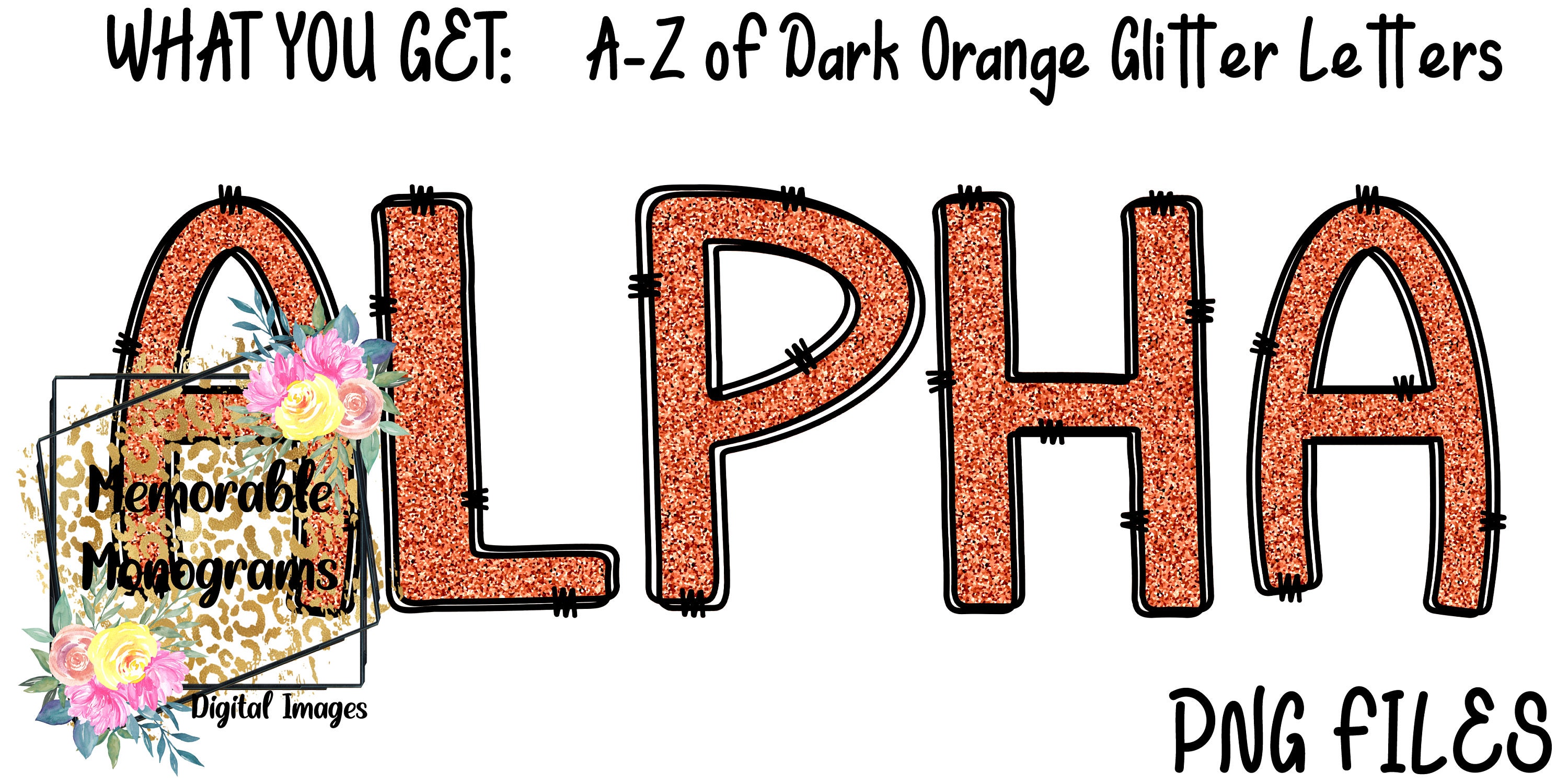 Dark Orange Glitter Alpha, Doodle Letters, Uppercase, Sublimation ...