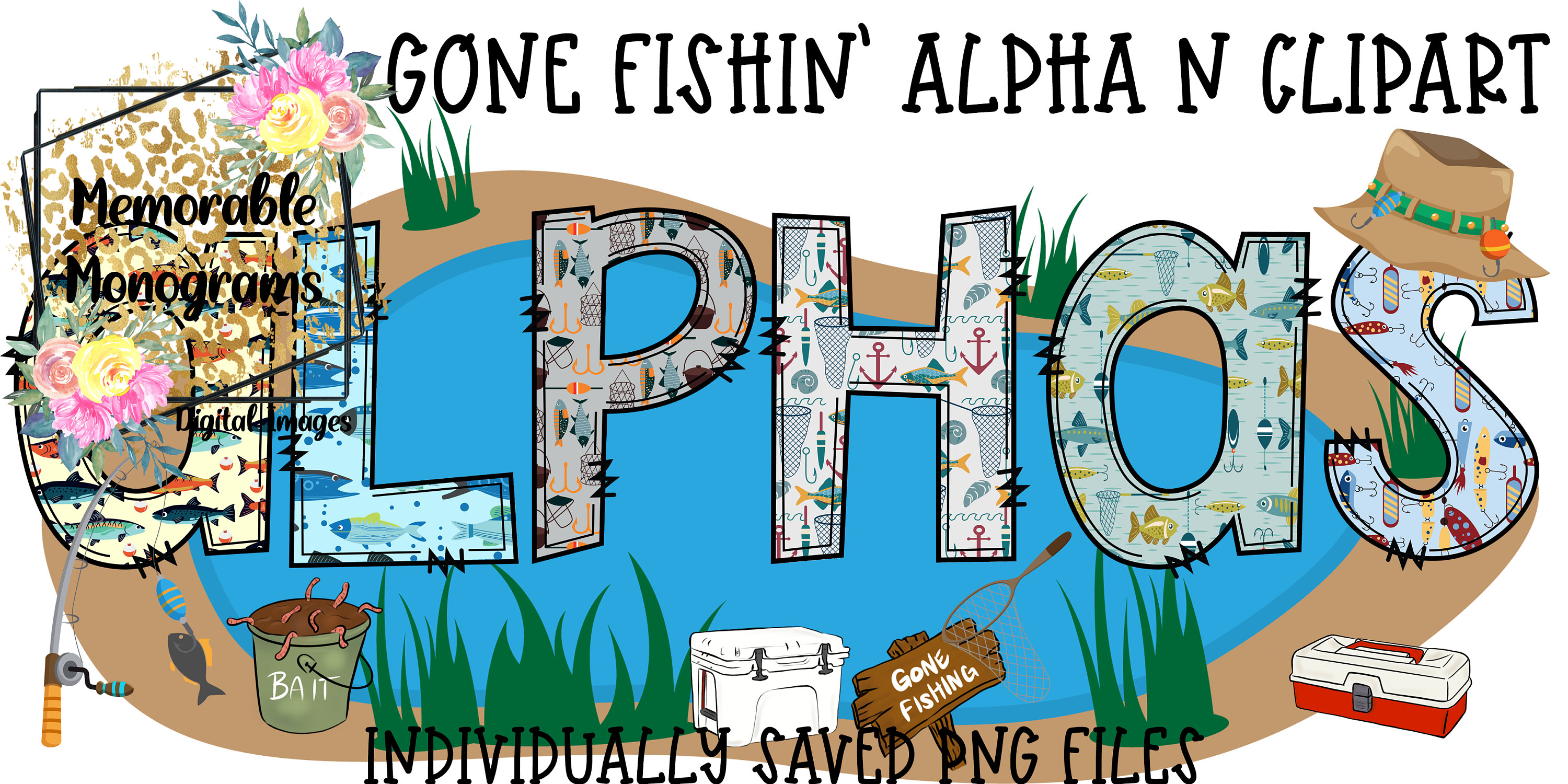 Gone Fishin' Alpha & Clipart, Doodle Letters, Uppercase, Sublimation ...