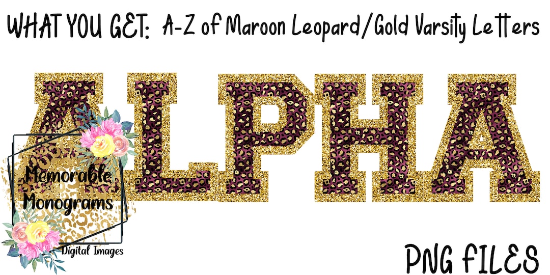 Maroon Leopard, Gold, Varsity, Alpha, Doodle Letters, Uppercase ...